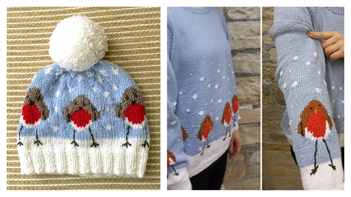Robins in a Row Sweater Hat Set Free Knitting Patterns - Knitting Pattern